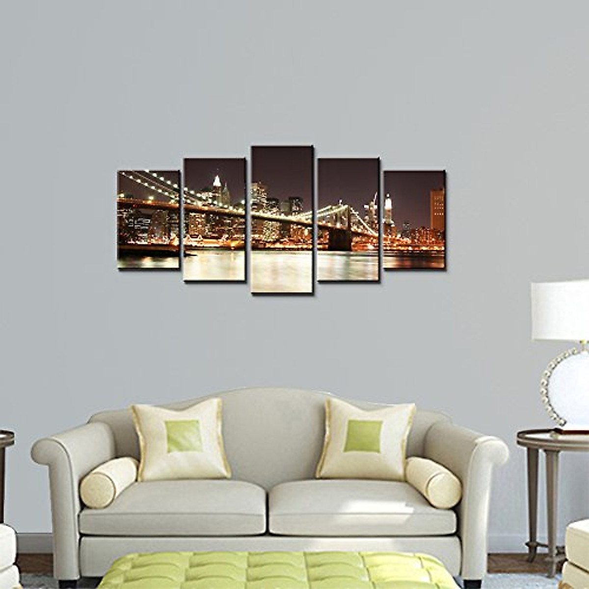 Wieco Art 5 Piece Giclee Canvas Prints Wall Art The Brooklyn Bridge Landscape Pictures Photo Paintings for Living Room Bedroom Home Decorations Modern Stretched and Framed City Skyline Art Work