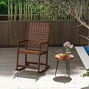 Tangkula Outdoor Rocking Chair, All Weather PU Seat & Rubber Wood Frame Porch Rocker, Safe & Smooth Rocking Motion, Ergonomic Patio Rocking Chair for Garden, Lawn, Balcony, Indoor (1, Brown)