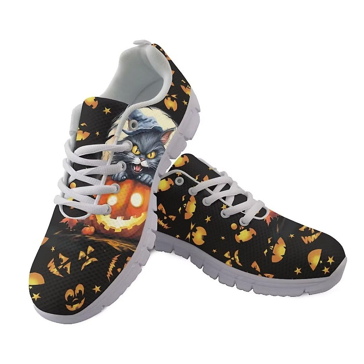 Jeiento Lightweight Halloween Shoes for Women Girls Cute Cowboy Cat Running Shoes Pumpkin Outdoor Breathable Mesh Running Walking Sneaker for Teenager Size US 8.5