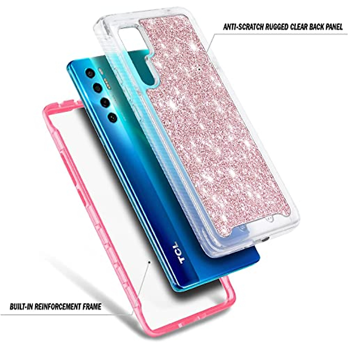 NZND Case for TCL 20 Pro 5G, Full-Body Protective Shockproof Rugged Bumper Cover, Impact Resist Durable Phone Case (Glitter Rose Gold)