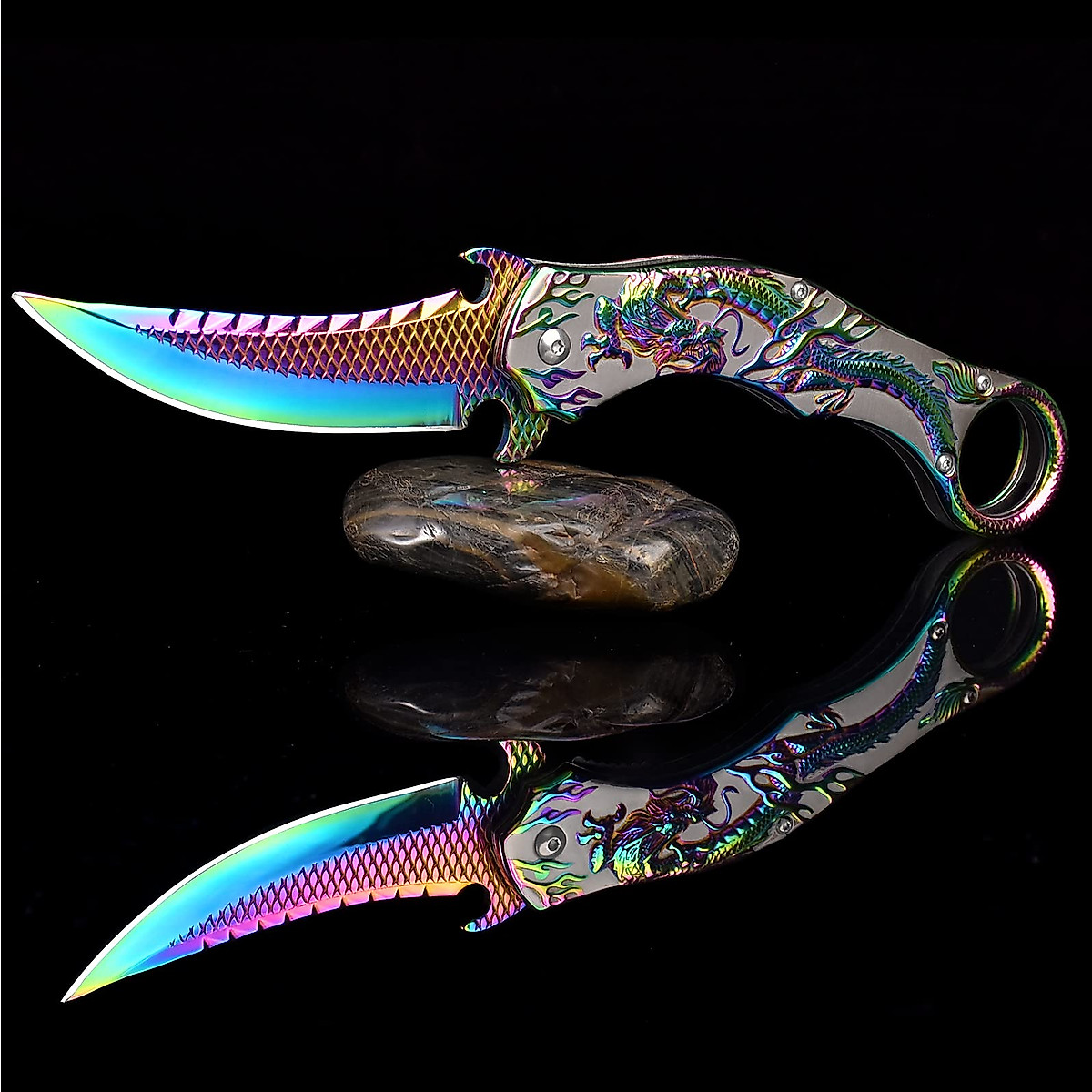 Vividstill Pocket Knife for Men, Cool Folding Knife With Embossed 3D Dragon Relief, Great Gift Edc Knife For Men Outdoor Survival Camping Hiking (Rainbow)