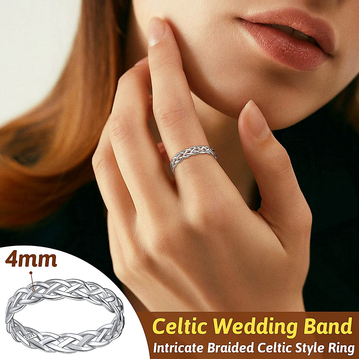 FaithHeart Women Wedding Rings 4mm Plain Silver Ireland Celtic Knot Band Ring Jewelry for Wife