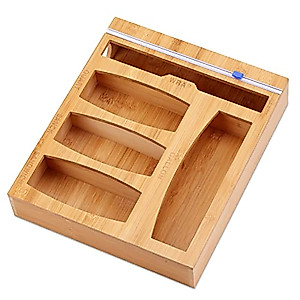 Ziplock Bag Organizer, Oil and Plastic wrap Organizer 5 in 1 Bamboo foil Dispenser with Cutter and Labels for Kitchen Drawers or Wall Mounted