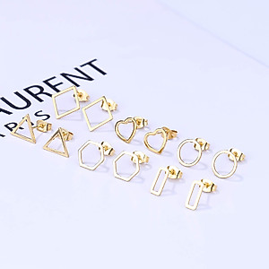 JOERICA Gold Tone Geometric Minimalist Stud Earrings for Women Simple Rhombus Hexagon Triangle Bar Heart Circle Earrings Set