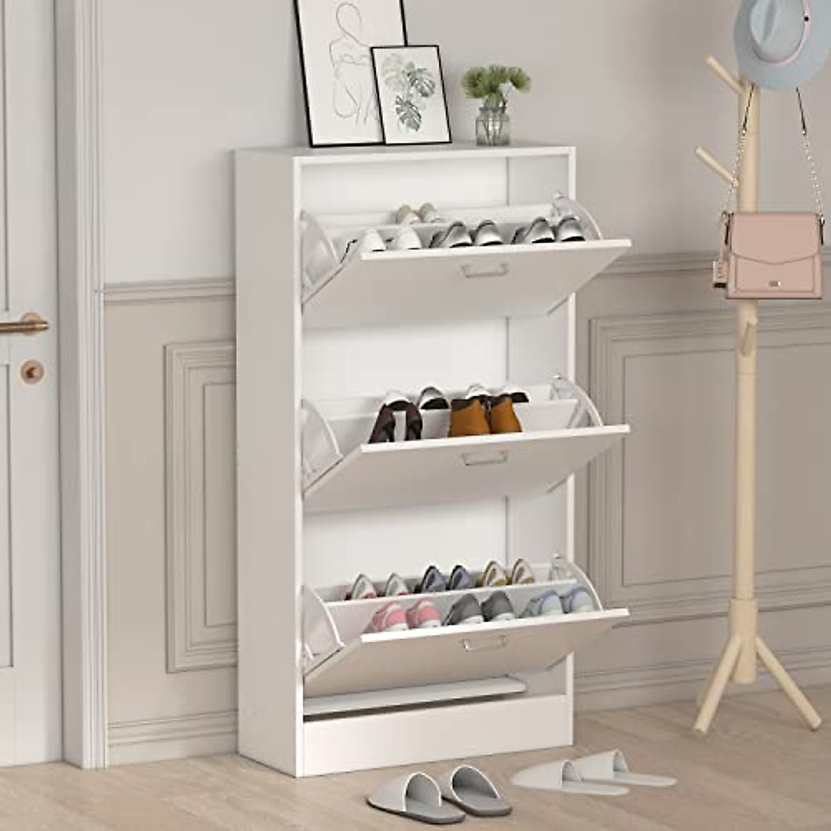 Hitow Shoe Storage Cabinet, Narrow Shoe Cabinet with 3 Flip Drawers & Adjustable Shelf, Space Saving Entryway Freestanding Shoe Rack, White (23.6" W x 9.4" D x 45.5" H)