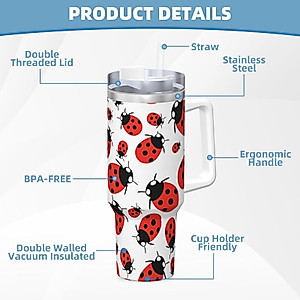 KrylDosxy Ladybugs 40 oz Tumbler with Handle and Straw - Insulated Stainless Steel Travel Mug for Hot and Cold, Office, Outdoor Activities