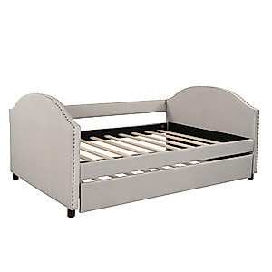 Harper & Bright Designs Full Size Upholstered Daybed with Twin Size Trundle, Upholstered Daybed Sofa Bed Frame for Living Room Bedroom, Beige