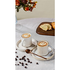 famiware Star Espresso Cups and Saucers Set of 4, [ Mini ] 3 oz Ceramic Small Coffee Mug with Handle, Ribbed Stoneware Demitasse Cup for Tea, Latte - Microwave & Dishwasher Safe - Cappuccino White
