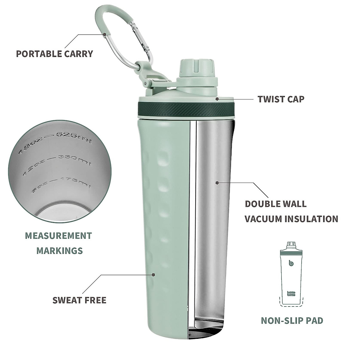BOTTLE BOTTLE 26oz Insulated Shaker Bottle Insulated Stainless Steel Water Bottle with Wire Whisk, Reusable Stainless Steel Water Bottle, Gym Water Bottle（green）