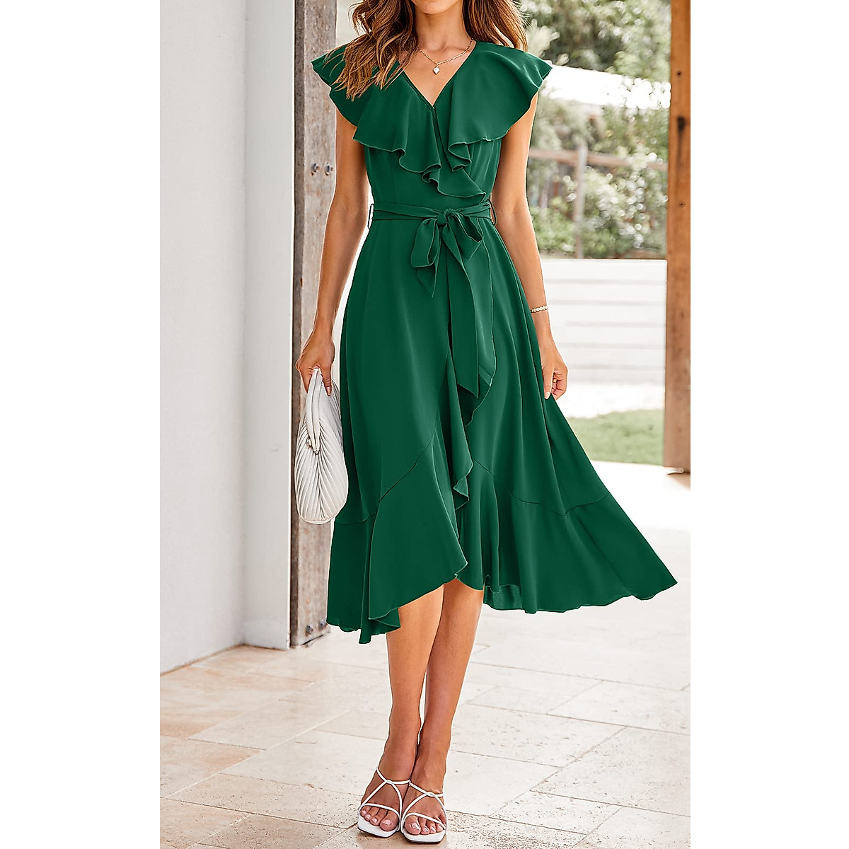 PRETTYGARDEN Women's Summer V Neck Ruffle Wrap Tie Maxi Dress Solid Color Flutter Sleeve Holiday Dresses for Women 2023 (Dark Green,Medium)