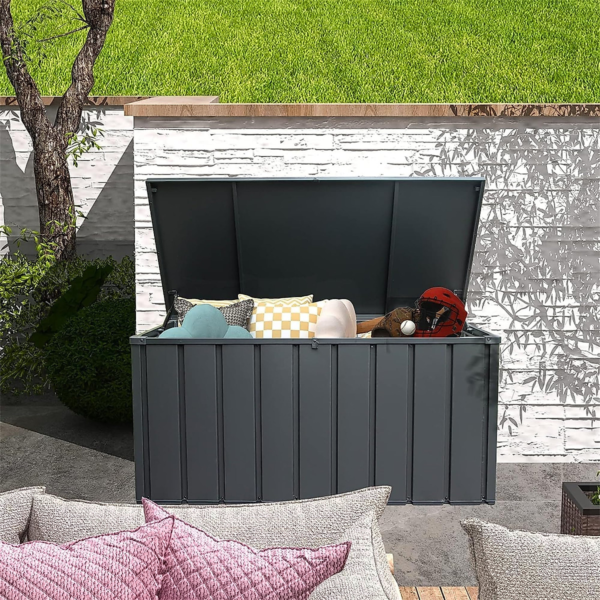 YESGIGA 100 Gallon Outdoor Storage Deck Box Waterproof, Large Patio Storage Bin for Outside Cushions, Throw Pillows, Garden Tools, Lockable, Dark Gray