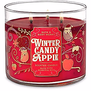 Bath and Body Work Winter Candy Apple Candle Gift Set, 3 Wick and Single Wick Candles, Full Size Body lotion, Shower Gel with Gingham Gift Bag and Tissue