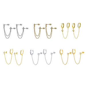 Lansora Double Piercing Earrings Silver Gold Cz Cubic Zirconia Stone Chain Link Dangle Stud Earrings