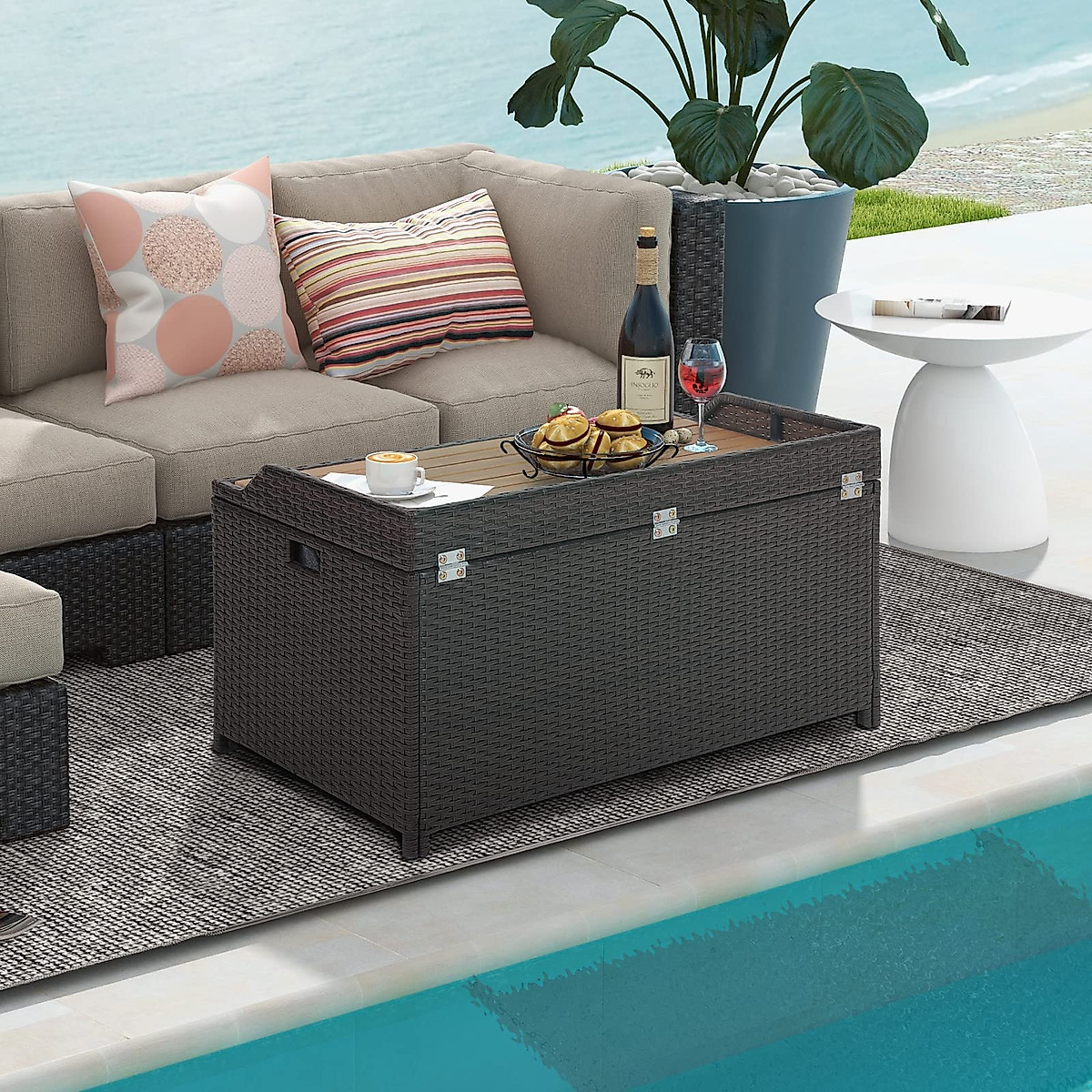 Tangkula 45 Gallon Outdoor Storage Bench, Mix Brown Rattan Storage Container with Zippered Liner, Acacia Wood Top Lid, Sturdy Gas Strut Support, 3-in-1 Multifunctional Deck Box for Front Porch, Garden