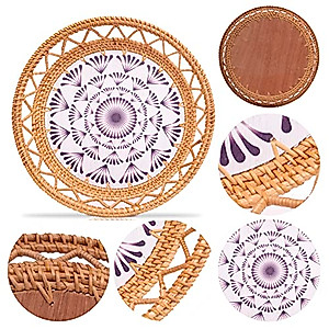 BemiaoCrafts 13" Round Boho Rattan Tray with Wooden Base, Decorative Tray, Rustic Style, Lacquer Serving Basket for Breakfast Food, Round Tray as Coffee Table Decor, Storage and Display