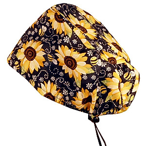 Sparkling EARTH Sunflowers on Black Riley Medical Scrub Caps with Flat Front and Roomy Back - Adjustable Cord Lock Closure - Made in The USA
