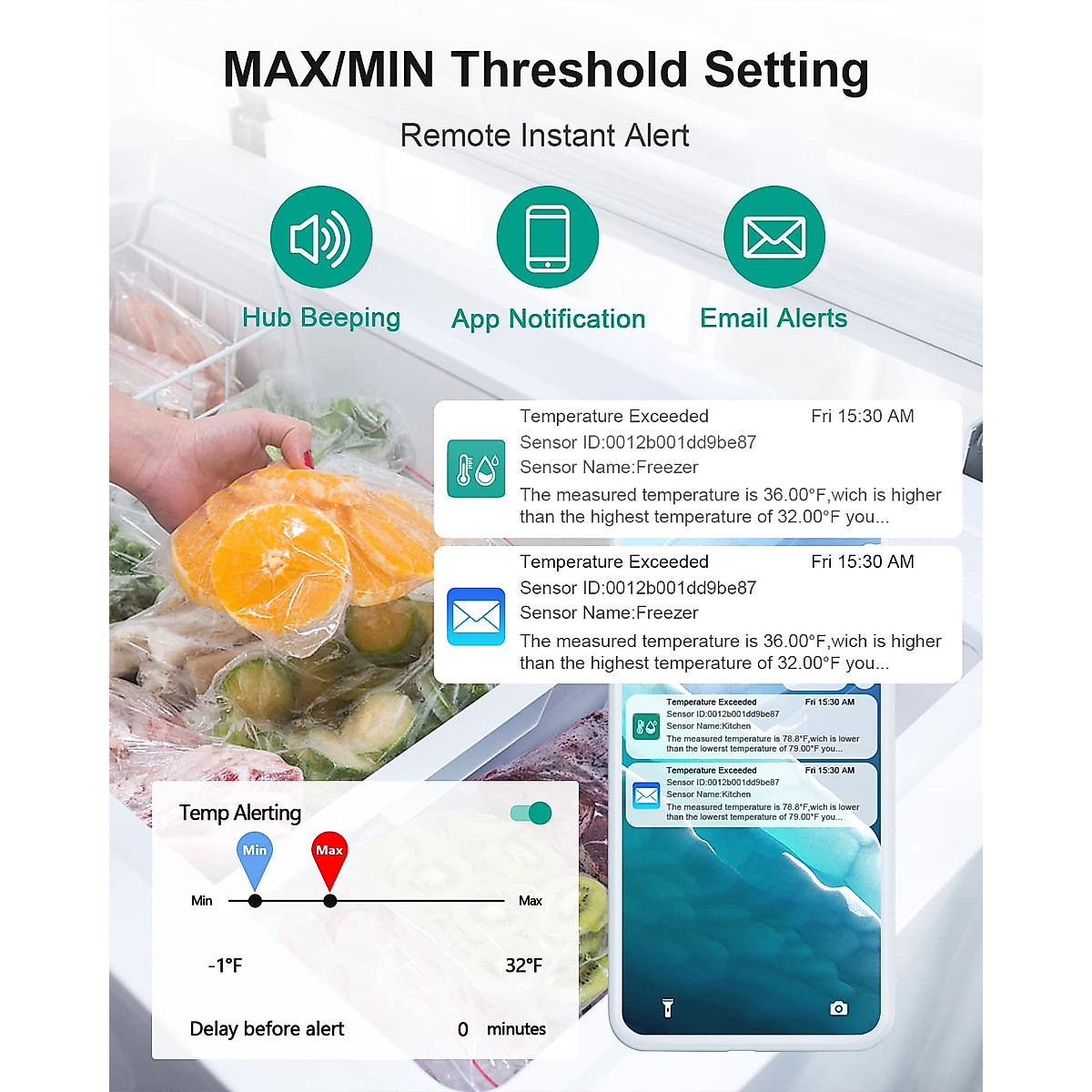 MOCREO Temperature Sensor with Waterproof External Probe, for Freezer with App Alert, Smart Thermometer, MOCREO Hub Required, Remote Temperature Monitor Gauge, for Refrigerator, Fish Tank
