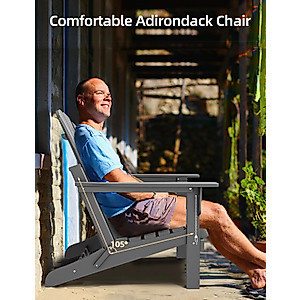 Folding Adirondack Chair - Durable HDPE Poly Lumber All-Weather Resistant, Foldable Oversized Balcony Porch Patio Outdoor Chair for Lawn, Backyard, Deck, Garden, Camping - Easy Installation, Gray
