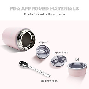 TEKKER'S Insulated Thermos Food Jar Lunch Thermos 17 Oz Stainless Steel Container Kids Vacuum Flask Folding Spoon Office Travel Camping Work School Outdoors Pink Unicorns