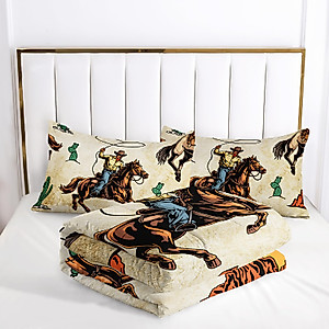 AILONEN Western Cowboy Comforter Set Twin Size, Rodeo Cowboy Riding Bull with Cacti Western Style Bedding Set for Girls Boys Girls,Ranch Jomon Bed in a Bag Duvet Set,1 Quilt and 2 Pillowcases,3PCS