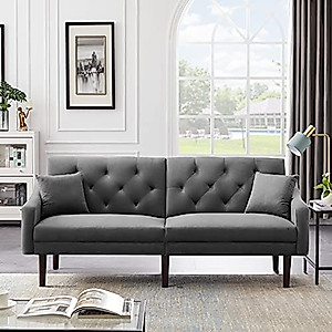 KoiHome Velvet Futon Bed with Adjustable for Backrest, Sleeper Sofa with Two Pillows, Modern Couch with Handrail and Wood Legs, Upholstered Loveseat for Living, Bedroom,Office,Waiting Room, Grey
