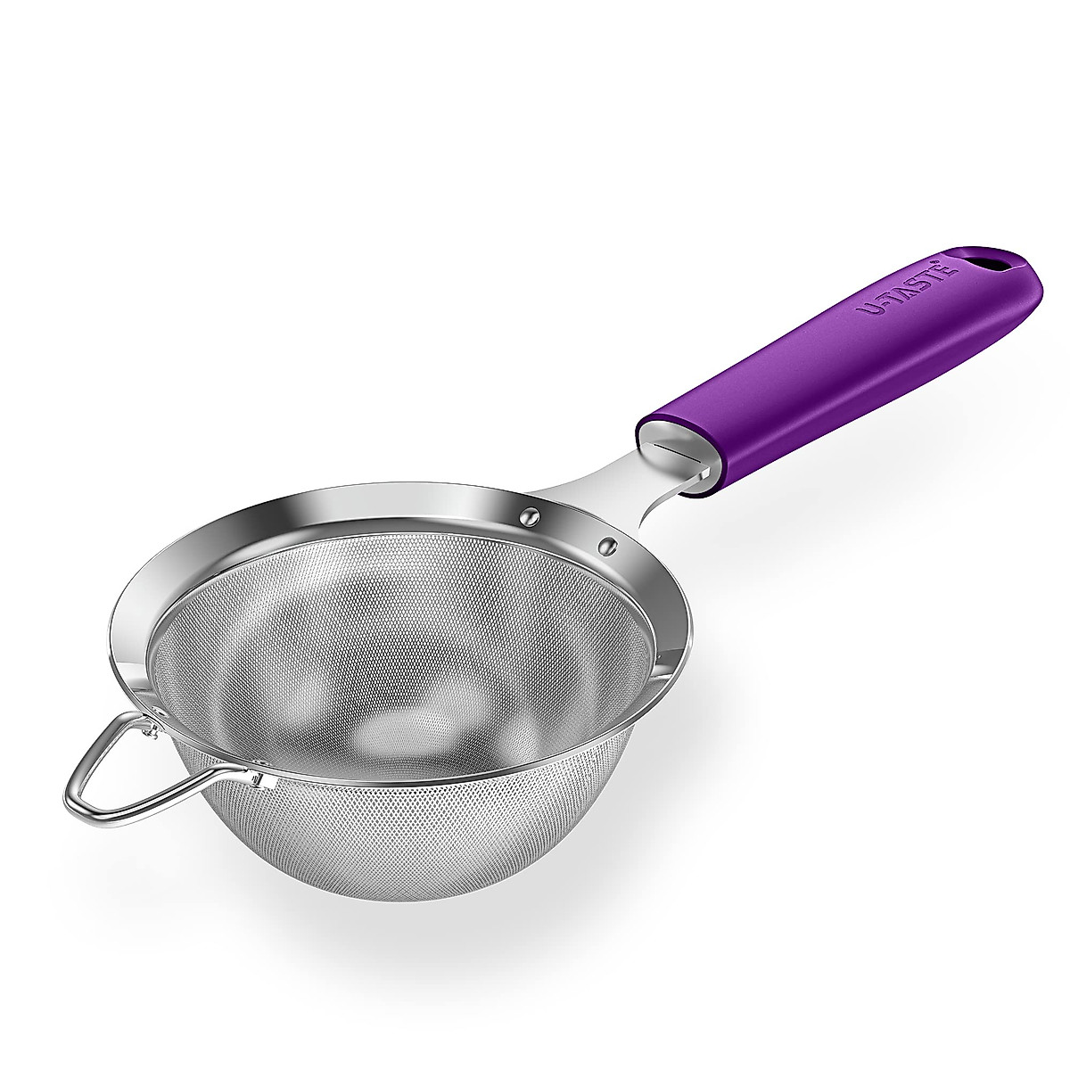 18/8 Stainless Steel Mesh Strainer: U-Taste 3.9 Inch Kitchen Fine Mesh Sieve Food Colander with Riveted Sturdy Silicone Handle and 30 Mesh Hole for Straining Flour, Quinoa, Tea, Juice (Purple)