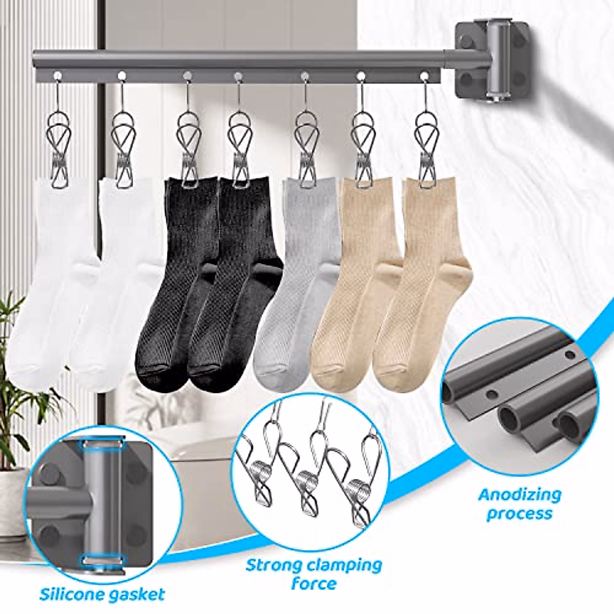 Lxoraziy Laundry Drying Rack Windproof Clothes Hangers with 7 Clips for Drying Socks, Aluminum Underwear Hanger Wall Mount, 180°Rotation, for Laundry, Balcony, Mudroom, Bedroom, Dark Grey Color