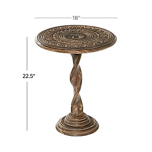 Deco 79 Mango Wood Floral Handmade Intricately Carved Accent Table with Spiral Leg and Elevated Base, 18" x 18" x 22", Brown