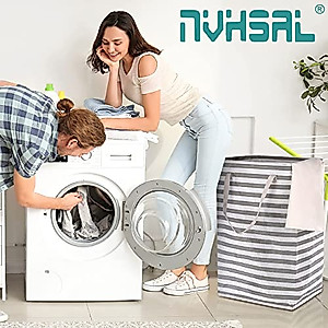 Collapsible Laundry Hamper with Handles, Large Laundry Basket 75L Freestanding Square Storage Bin Towels Toy Clothes Organizer Canvas Waterproof Laundry Baskets for Home Travel School (Grey White)