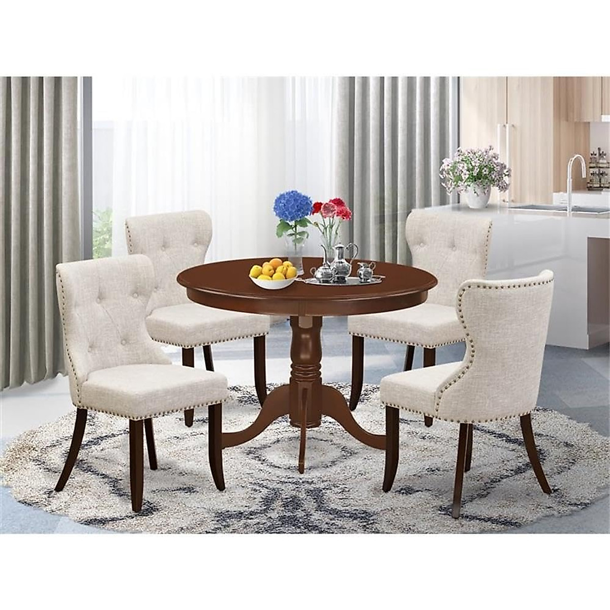 East West Furniture HLSI5-MAH-35 5 Piece Dining Room Furniture Set Includes a Round Dining Table with Pedestal and 4 Doeskin Linen Fabric Upholstered Parson Chairs, 42x42 Inch, Mahogany
