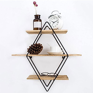 TJLSS Living Room Bedroom Metal Wall Shelf Racks Wrought Iron Wall Hanging Wooden Wall Storage Rack Creative Wall Partition