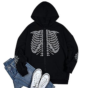MOUSYA Women’s Skeleton Oversized Zip Up Hoodie Y2k Skull Sweashirt Rhinestone Graphic Hoodies Fall Long Sleeve Pullover Tops Black