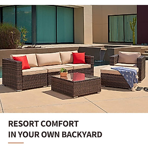 Incbruce 6 Piece Outdoor Patio Sofa Set, PE Rattan Wicker Patio Furniture Set All-Weather Patio Conversation Set with Glass Table and Removable Cushions (Brown)