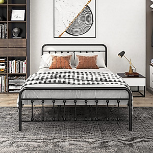GJHOME Queen Size Classic Metal Platform Bed Frame Mattress Foundation with Victorian Style Iron-Art Headboard/Footboard/Under Bed Storage/No Box Spring Needed/Black