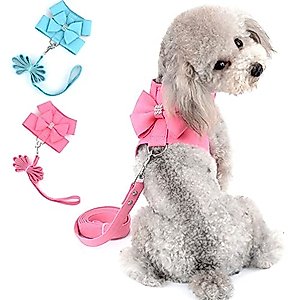 SELMAI Small Pet Dog Cat Bling Rhinestone Harness and Leash Set Bow Girls Soft Ultra Suede Leather, Adjustable/No Pull Pink L