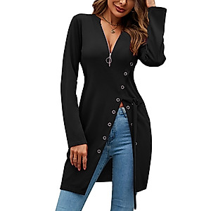 LYANER Women's Sexy Zip Up V Neck Long Sleeve Side Split Asymmetrical Hem Longline Tunic Blouse Top Black X-Large