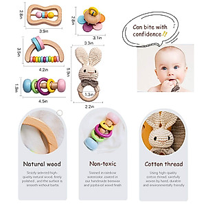 Wooden Baby Rattle Toys 5 PCS Rattle Set for Babies 0-6-12 Months Bunny Crochet Rattle Ring with Gift Box Wooden Montessori Toy for Newborn Infant Baby