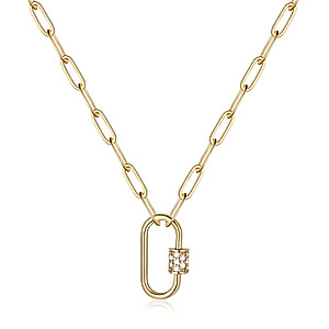 Turandoss 14K Gold Plated Shiny CZ Oval Screw Clasp Link Chain Simple Choker Paperclip Link Necklaces for Women