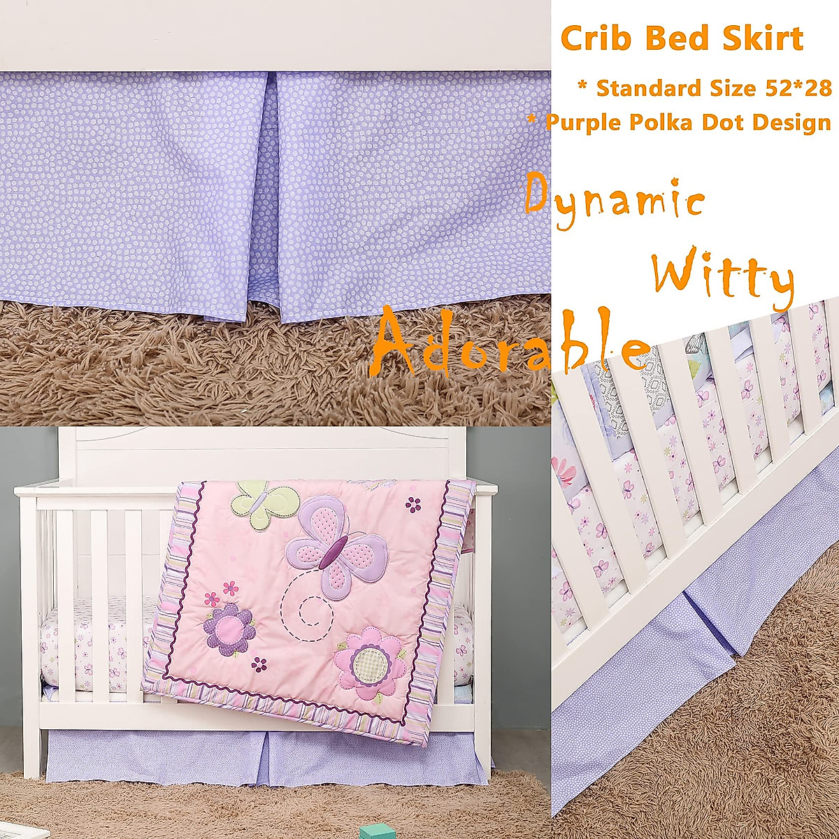 Brandream Crib Bedding Sets for Girls with Purple Butterfly | Baby Comforter, Fitted Sheet, Dust Ruffle and Diaper Stacker, Ambroidered Floral Animal Pink, 4 Pieces