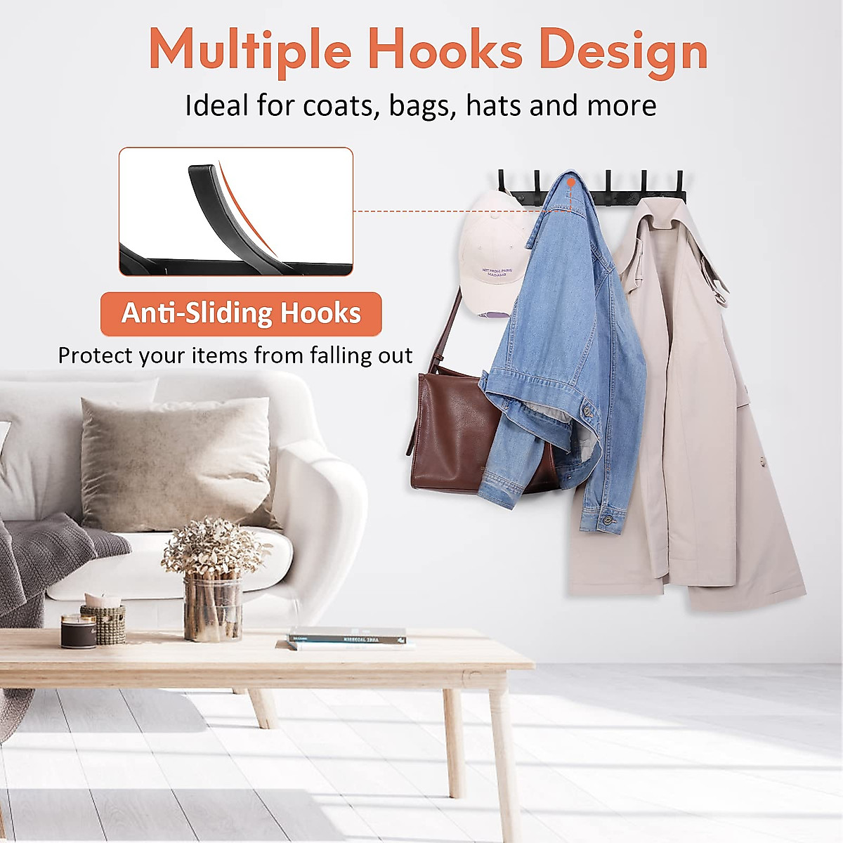 Optish 2 Pack Coat Rack Wall Mount, Entryway Coat Hooks Wall Mounted, Wall Hooks for Hanging, Coat Hanger Wall Mount Towel Rack Hat Rack for Wall with 12 Hooks for Entryway, Bedroom, Bathroom