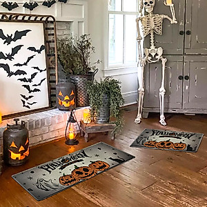 Alishomtll Halloween Kitchen Decor Mats Anti Fatigue 2 Pieces, Non Slip Kitchen Rugs for Halloween Decors, Pumpkin Ghost Black Cat Halloween Rug and Door Mat for Party,17''x29''+17''x47''