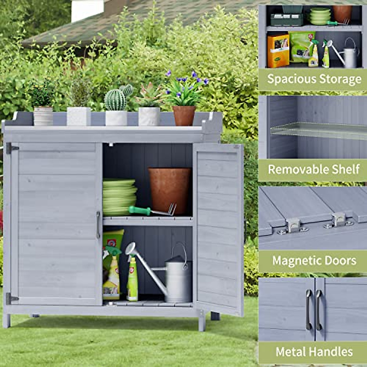 Gizoon Outdoor Potting Bench with Metal Tabletop, Double Doors Garden Potting Table with Adjustable Shelf, Wooden Planting Table Potting Stand for Backyard, Patio, Lawn -Grey