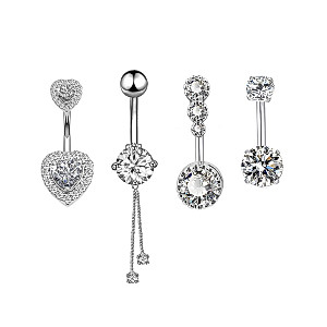 14G Surgical Steel Belly Button Rings Round Love Heart Clear CZ Navel Curved Barbell Studs Sexy Body Piercing (4PCS - Steel)