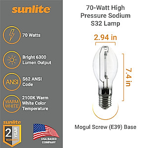 Sunlite 02503 LU70/MOG 70 Watt High Pressure Sodium Light Bulb, Mogul Base (E39), ANSI Code S62, 6300 Lumen, 24000 Life Hours, Clear, 2100K, 2-Pack
