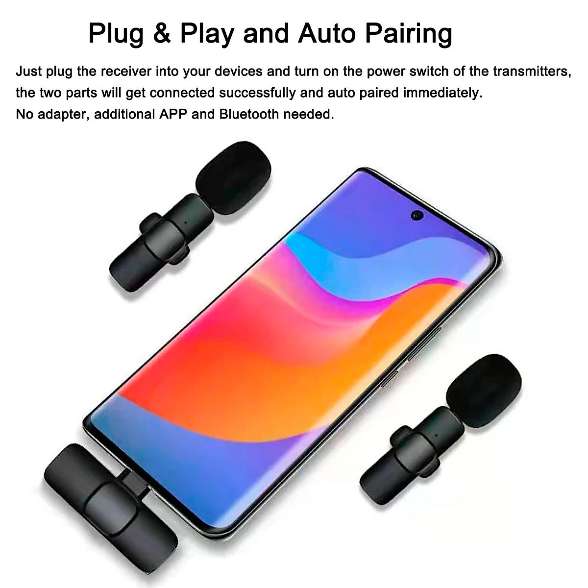 AKARMOVO Wireless Lavalier Microphone for Type-C Android Phone, Plug-Play Lapel Clip-on Mic with 2 Microphones for USB-C Port, Auto Sync Noise Reduction for Video Recording, Interview, Vlog