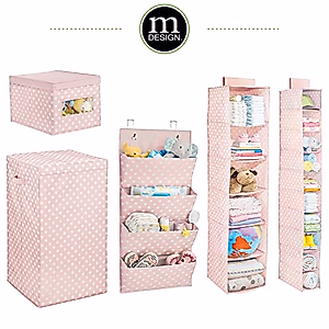 mDesign Soft Fabric Wall Mount/Over Door Vertical Hanging Storage Organizer Center - 4 Large Pockets for Baby Child/Kids Bedroom, Nursery, Playroom, Closet - Pink/White Polka Dot