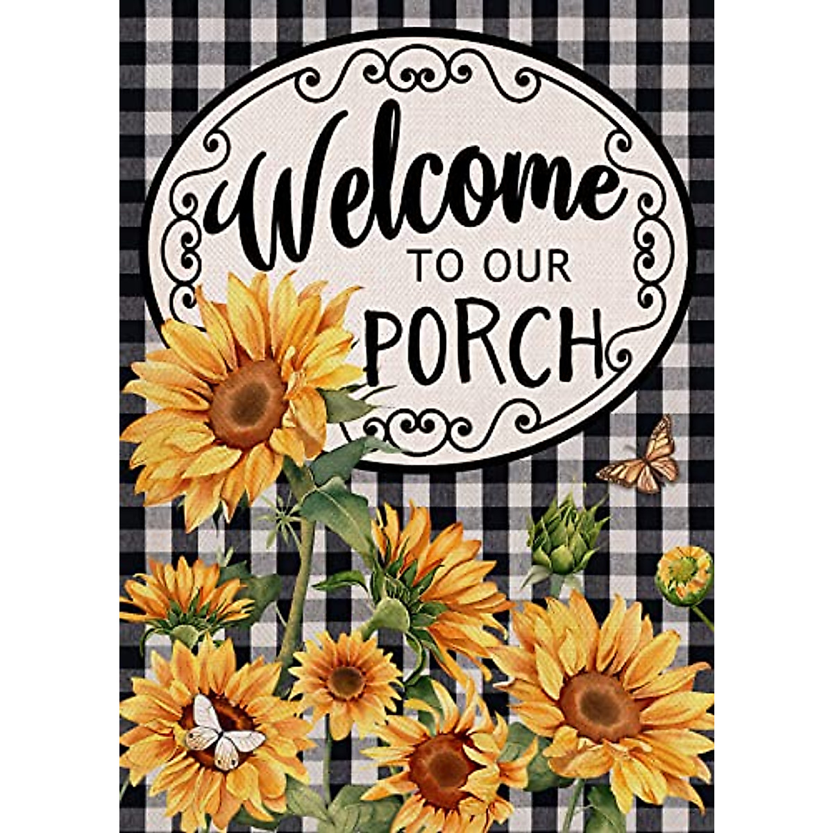Covido Home Decorative Welcome to Our Porch Spring Sunflower Garden Flag, Summer Black White Buffalo Plaid Check Yard Outside Decoration, Autumn Farmhouse Outdoor Small Decor 12 x 18