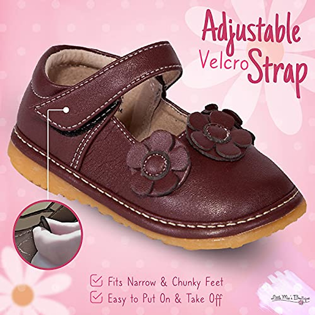 Little Mae's Boutique Mary Jane Brown Three Flower Squeaky Shoes for Toddler Girls, Ideal Toddler Walking Shoes with Removable Squeaker and Adjustable Strap - Flexible Sole Baby Shoes (4)