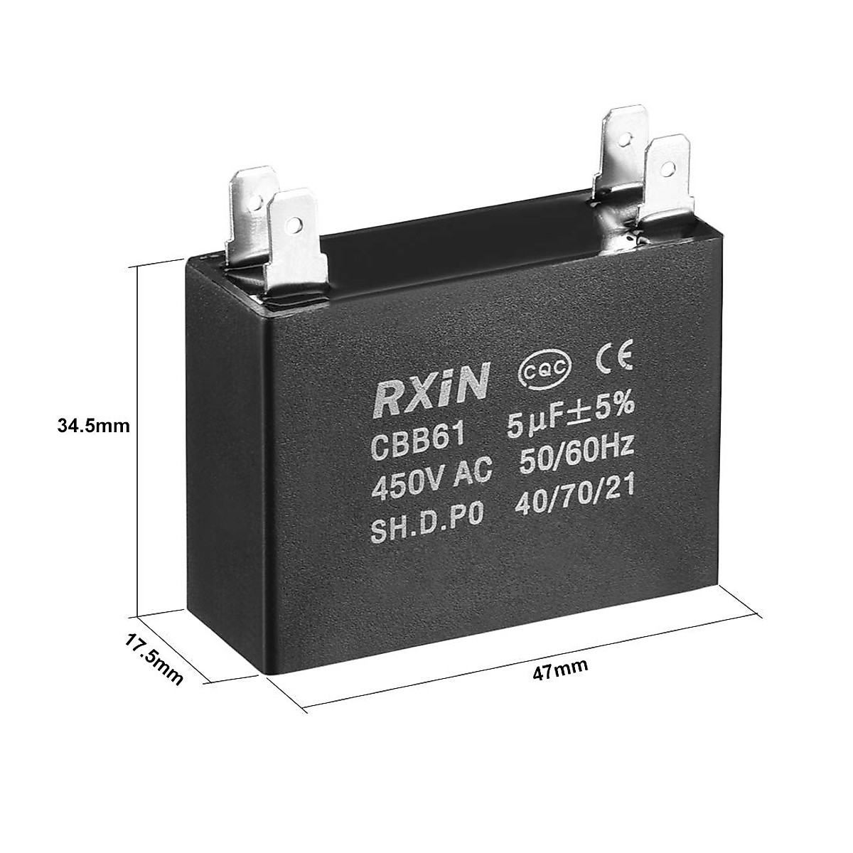 uxcell Ceiling Fan Capacitor CBB61 5uF 450V AC Double Insert Metalized Polypropylene Film Capacitors 47x17.5x34.5mm for Water Pump Motor Generator