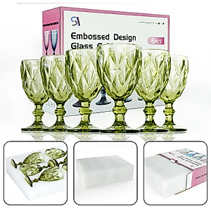 StarLuckINT Colored Glass Goblet Set of 6, Embossed Design Wine Glasses, 10 Oz Thickened Glass Wine Glass, for Juice Drinking Wedding Party Wine Glass (Color : Green, Pattern : rhombus)